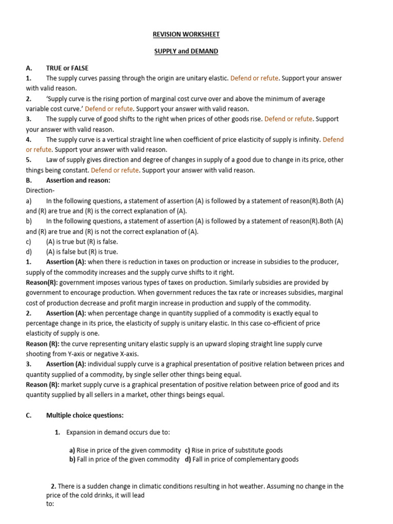 Supply Demand Revision Woksheet Class-11 | PDF | Demand | Supply ...