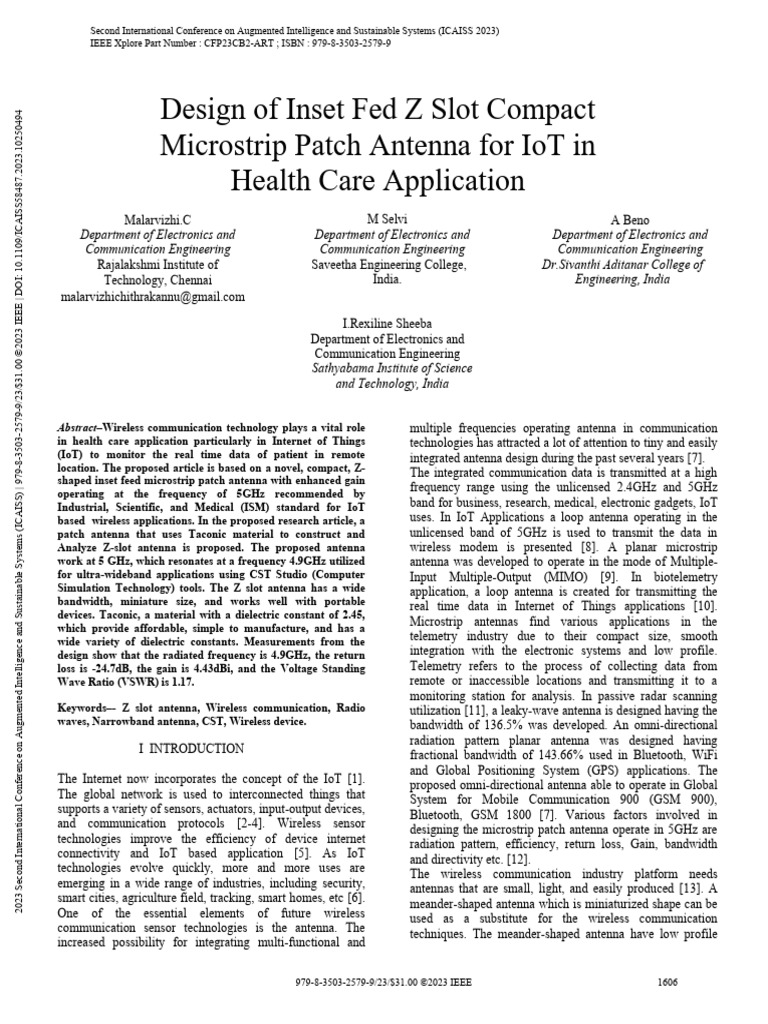 Design of Inset Fed Z Slot Compact Microstrip Patch Antenna for IoT in Health Care Application ...