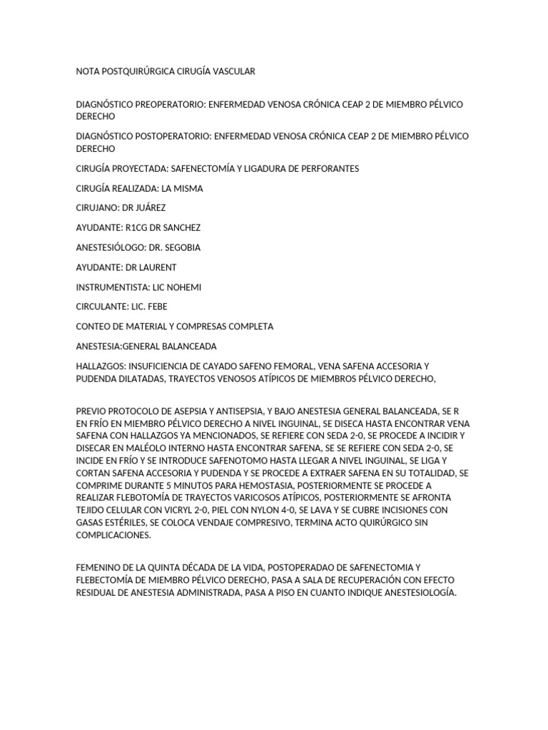 Nota Postquirúrgica Safenectomia | PDF