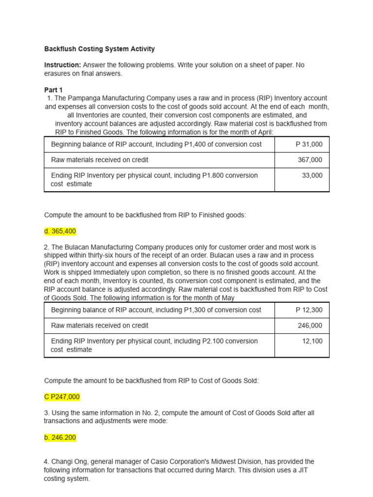 JIT Activity With Answers | PDF | Cost Of Goods Sold | Inventory