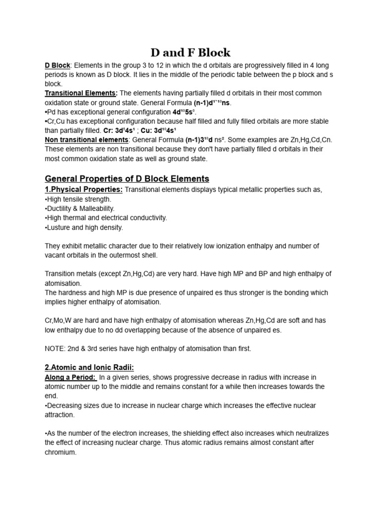 D and F Block Notes by Ashwin S P | PDF | Transition Metals | Lanthanide