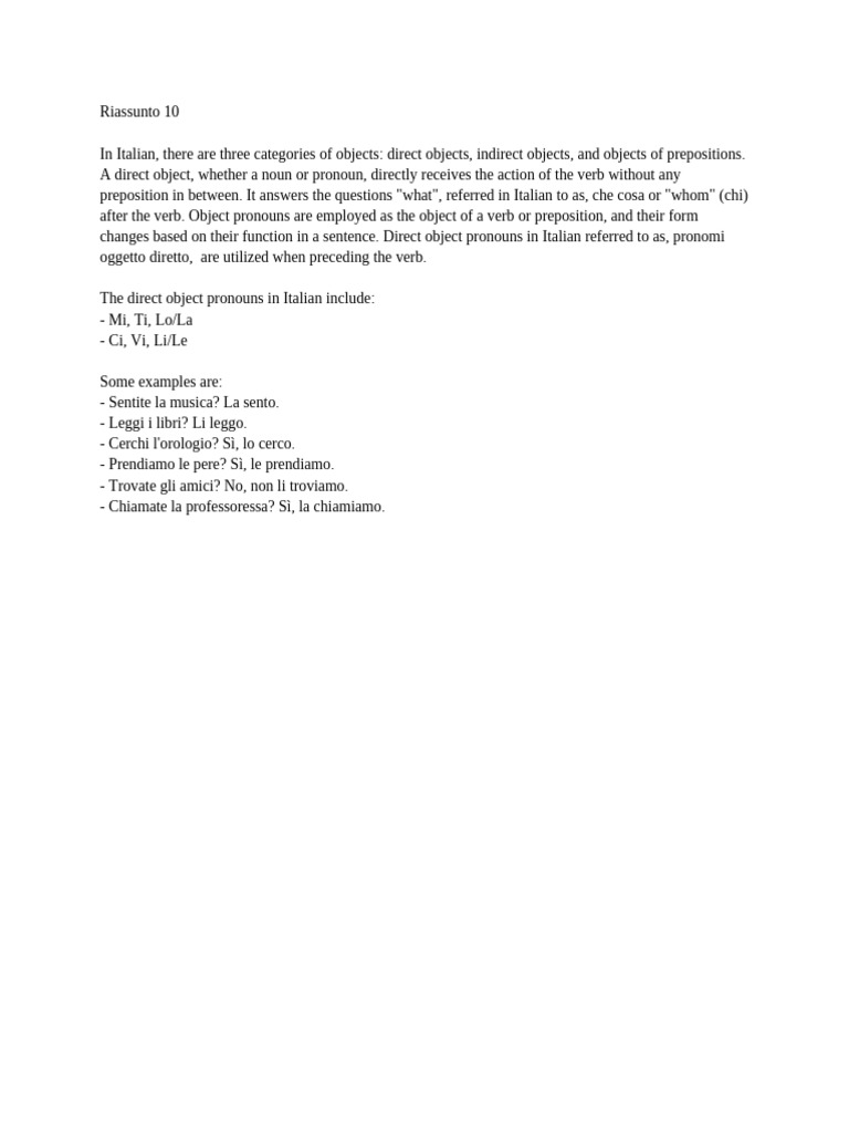 Italian Direct Object Pronouns Explained | PDF