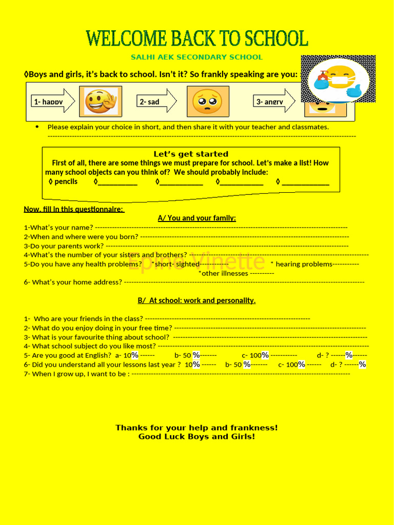 Back To School Questionnaire | PDF
