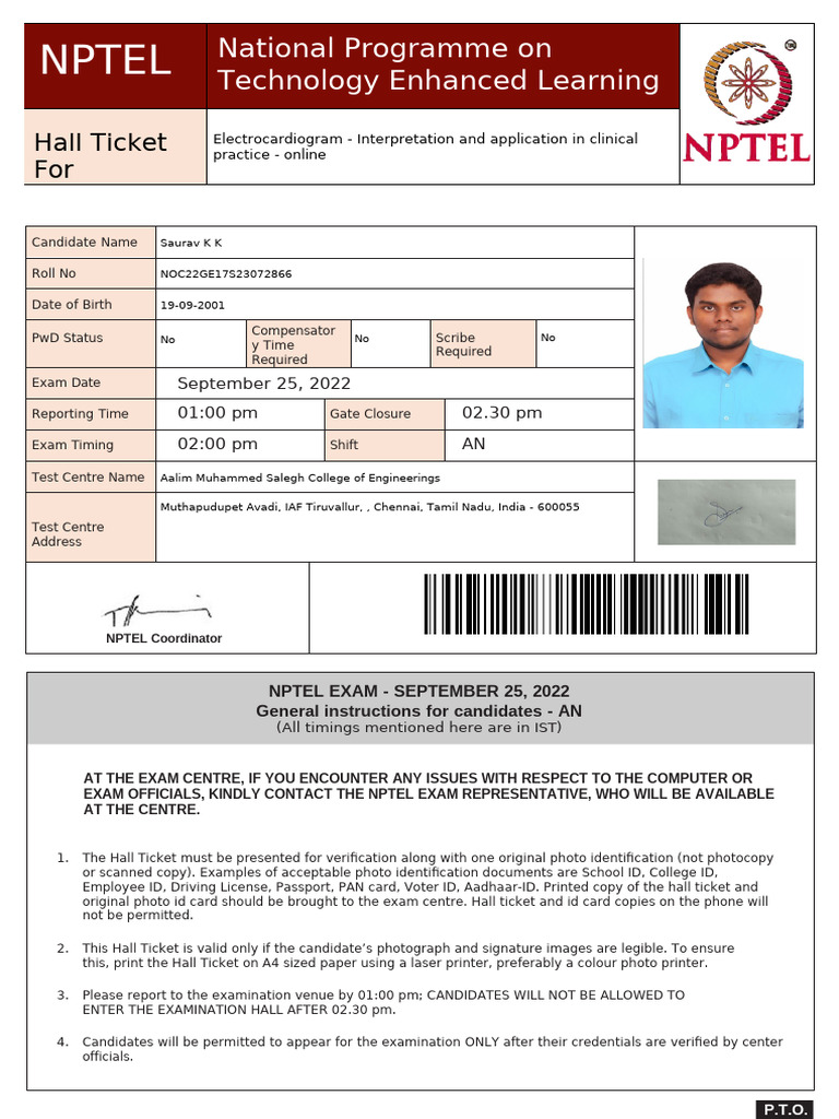 Hall Ticket of Nptel | PDF | Identity Document