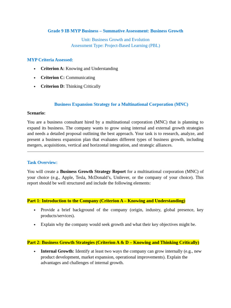 Grade 9 IB MYP Business Summative | PDF | Mergers And Acquisitions ...