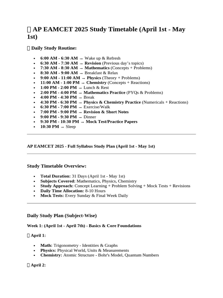 ? AP EAMCET 2025 Study Timetable | PDF | Chemistry | Physics