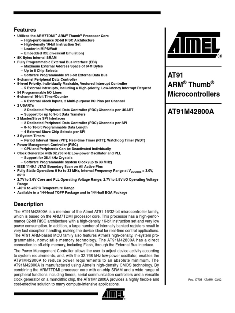 AT91M402800A ARM7處理器 | PDF | Microcontroller | Central Processing Unit