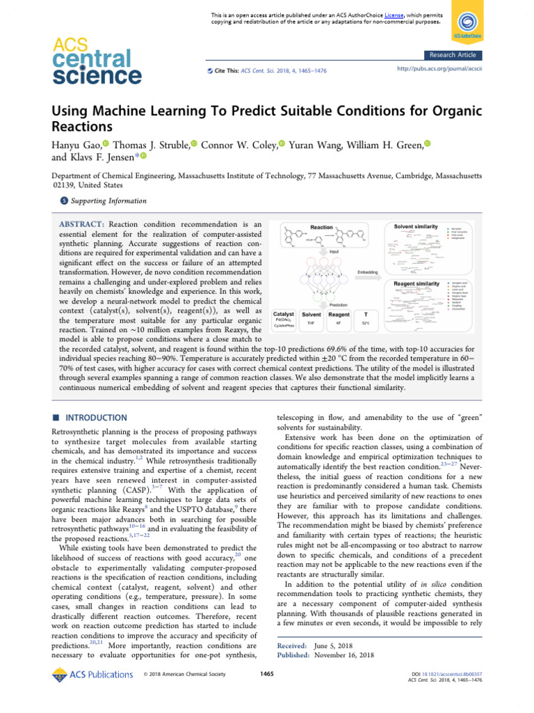 Gao Et Al 2018 Using Machine Learning To Predict Suitable Conditions For Organic Reactions | PDF ...