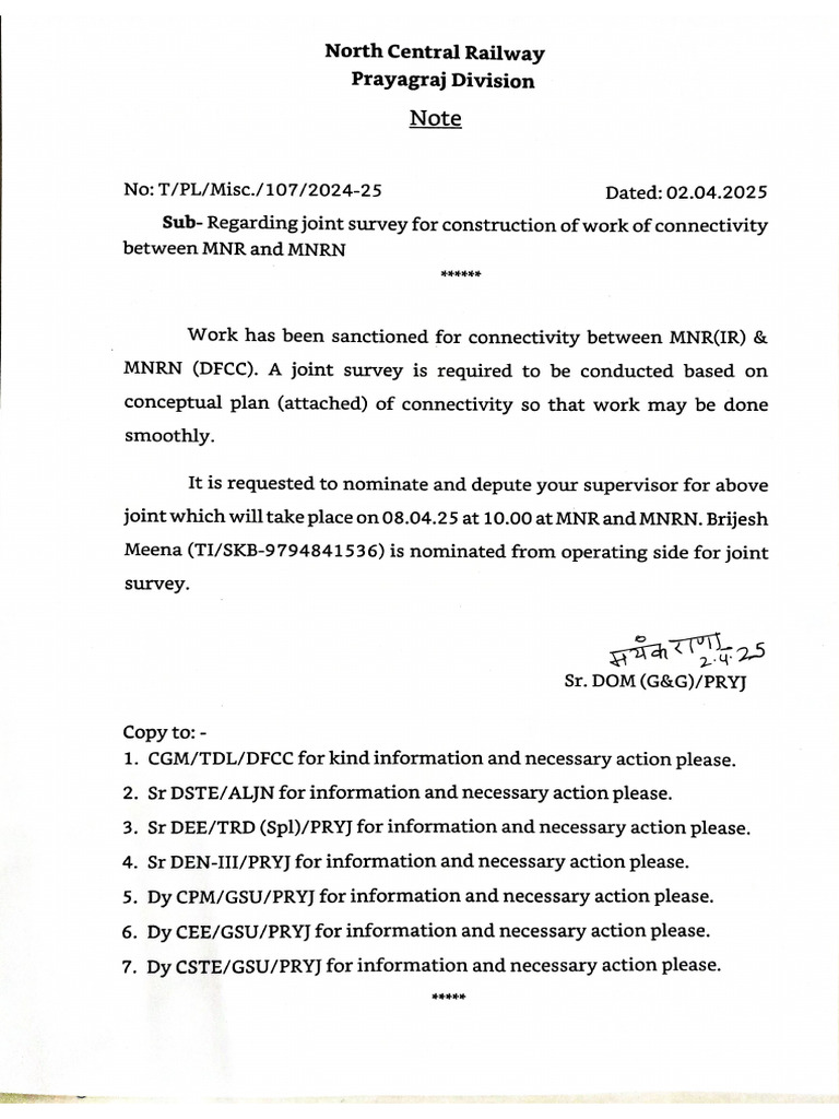 Letter Regarding Joint Survey at NMR & MNRN For Connectivity | PDF