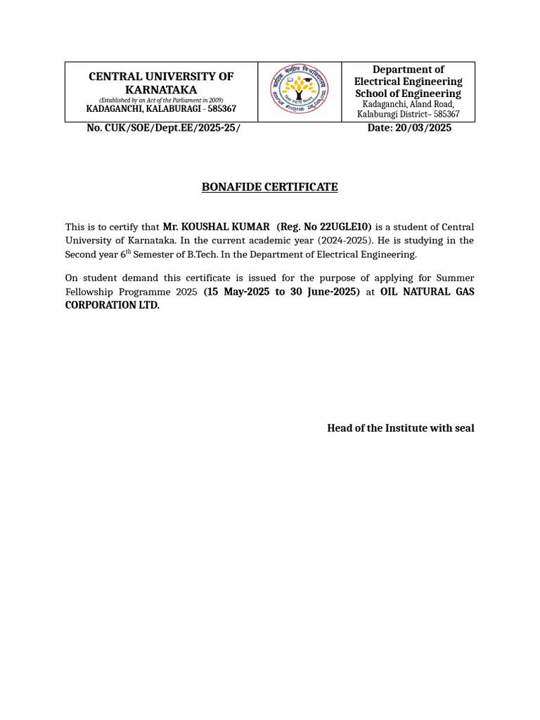 Boy Summer Internship Bonafide Format | PDF | Engineering