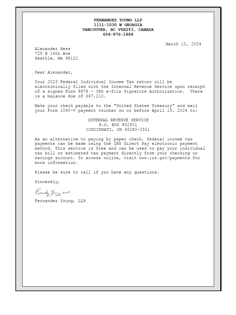 Hess, Alexander US Tax Return 2023 | PDF | Irs Tax Forms | Tax Deduction