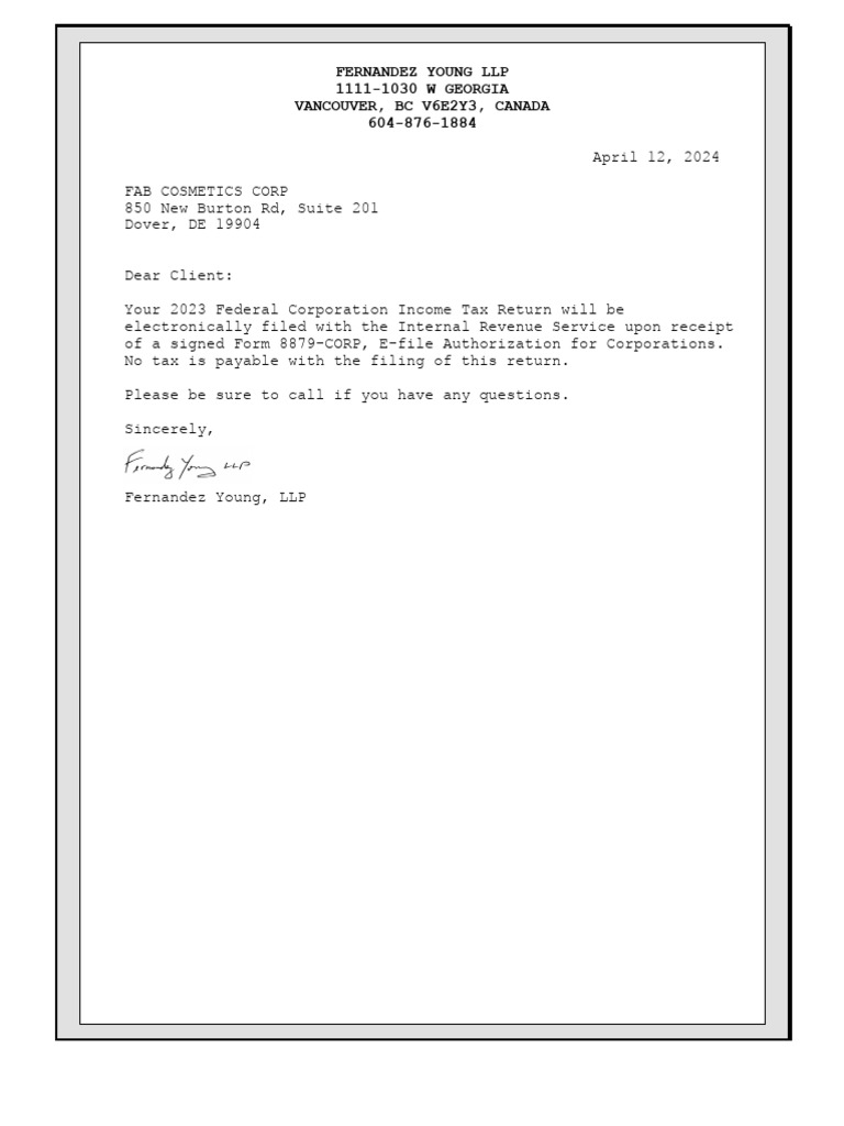 2023 E-file Authorization for FAB Corp | PDF | Irs Tax Forms | Stocks