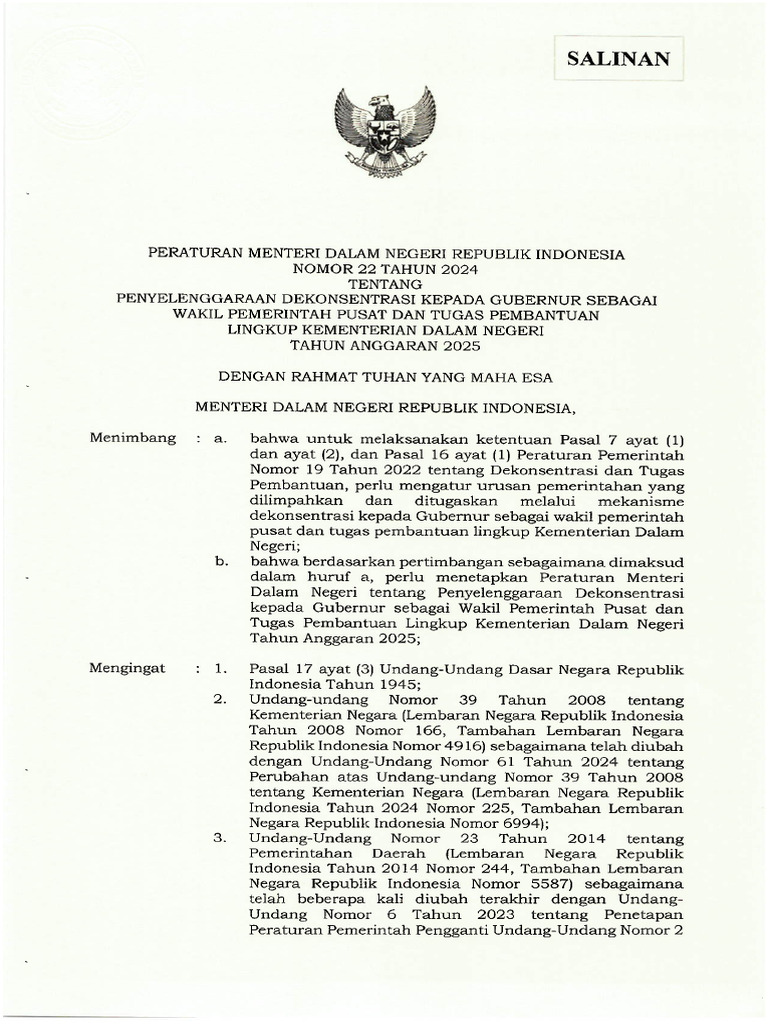 Permendagri 22 Tahun 2024 Tentang Dekonsentrasi Kepada GWPP Dan Tugas ...