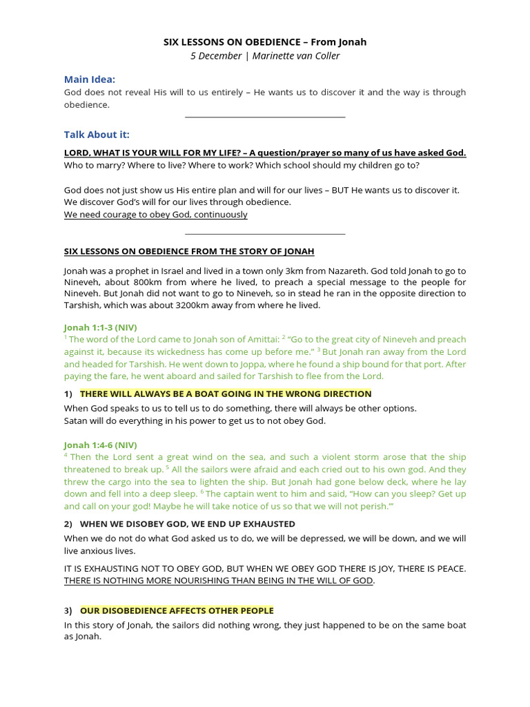Six Lessons On OBEDIENCE From Jonah WEBSITE | PDF | Jonah