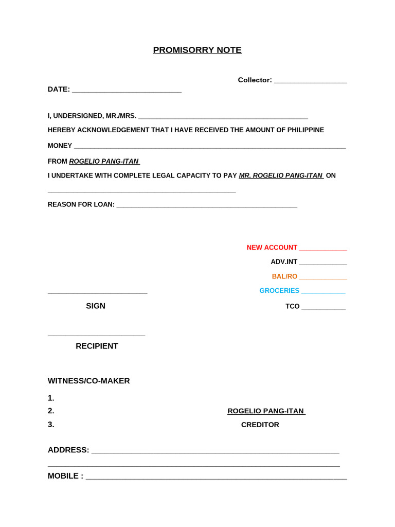 Promissory Note Template for Loans | PDF