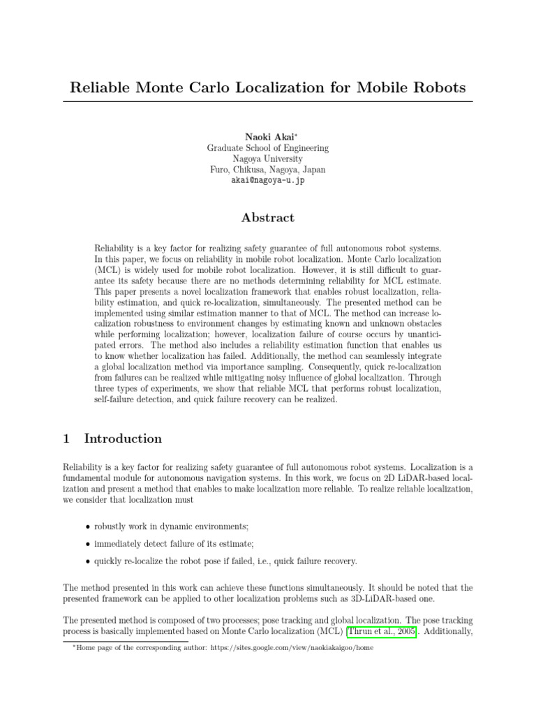 Reliable Monte Carlo Localization For Mobile Robot Pdf Reliability