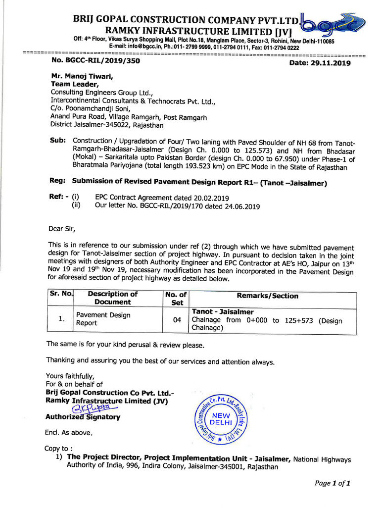 BGCC-RIL-350 Dt 29.11.2019 to TL-CEG Reg Submission of Revised Pavement Design Report for TRBJ ...