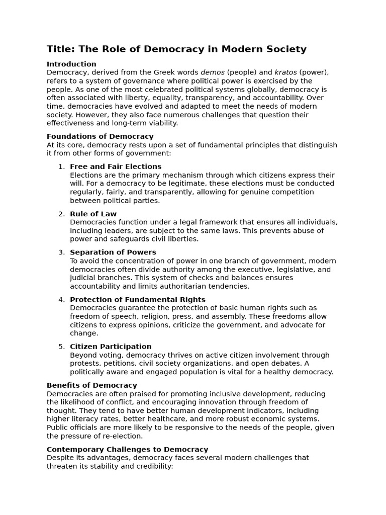 Role of Democracy in the Modern society | PDF | Democracy | Political ...