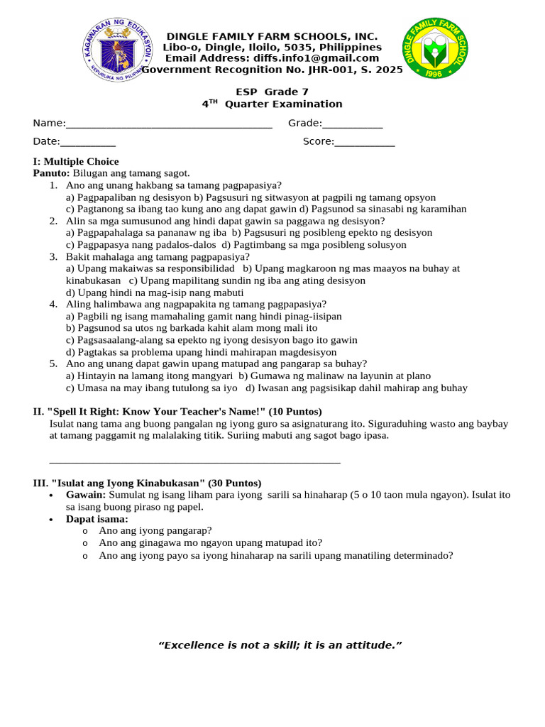 ESP 7 4th EXAM | PDF