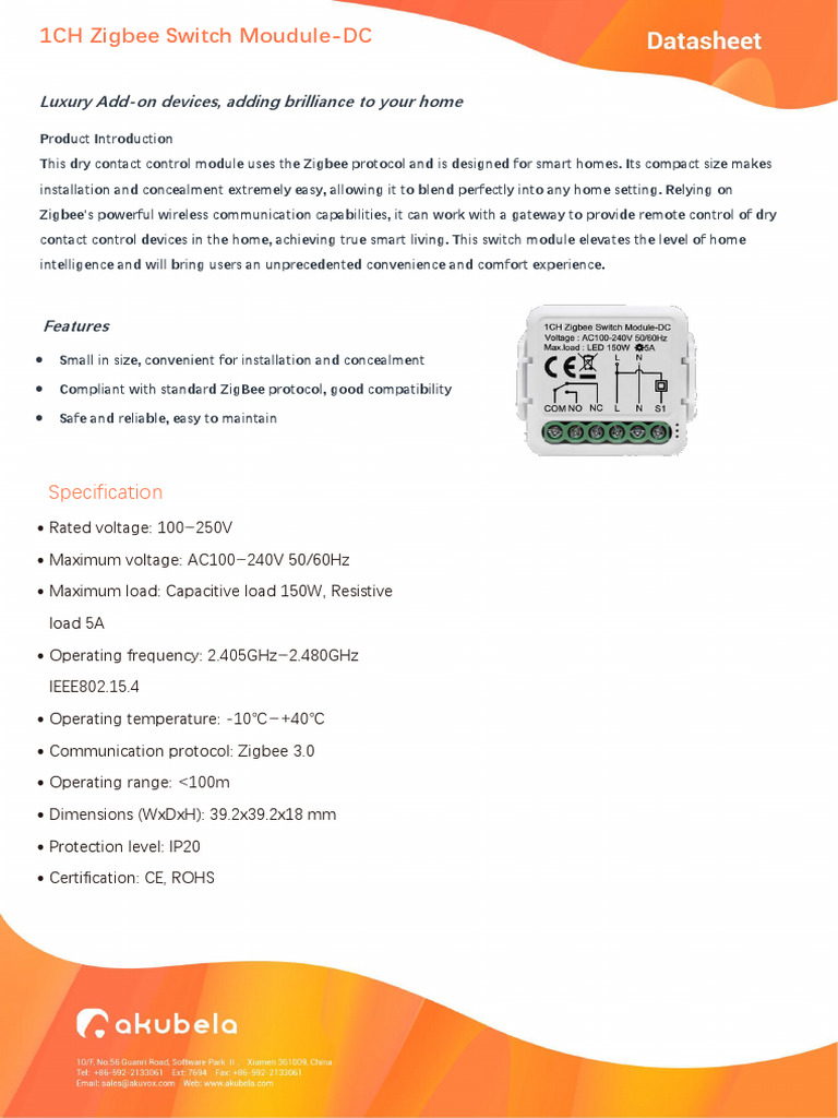akubela Add-on 1CH Zigbee Switch Moudule-DC Datasheet(1) | PDF