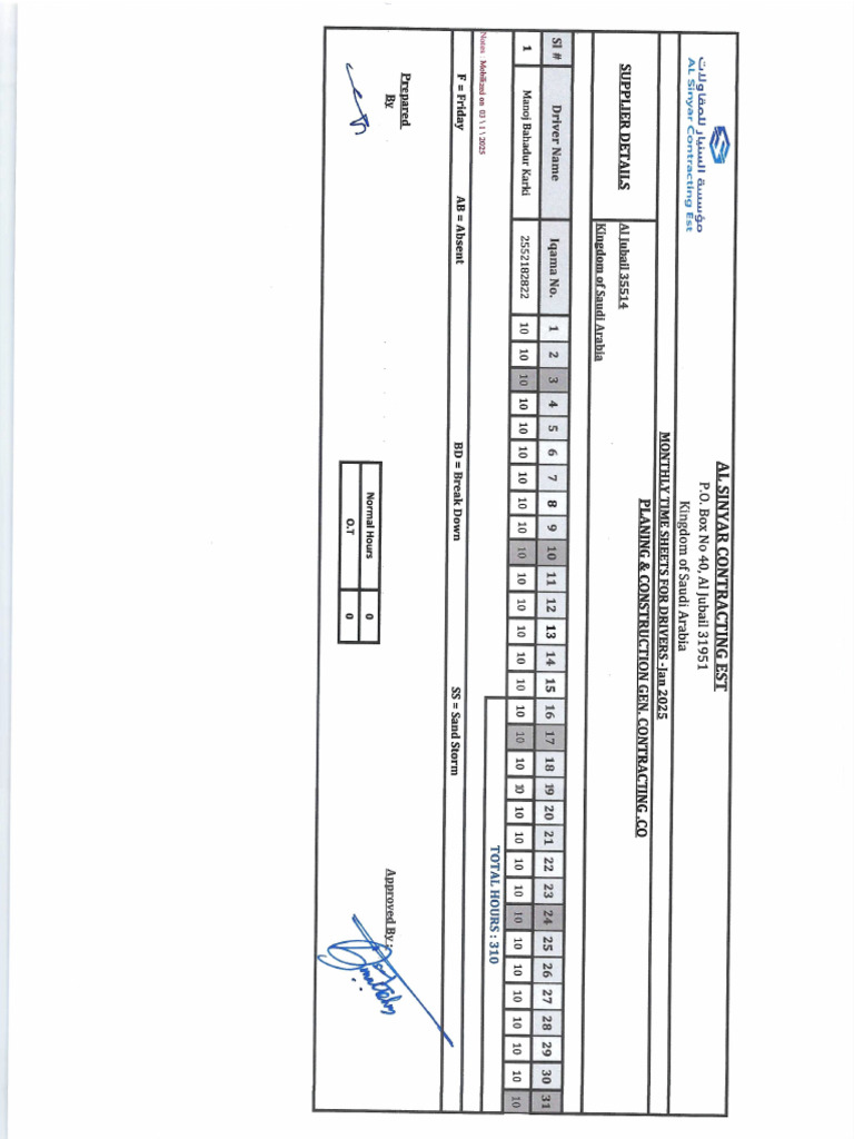 Time Sheets For Jan 2025 | PDF