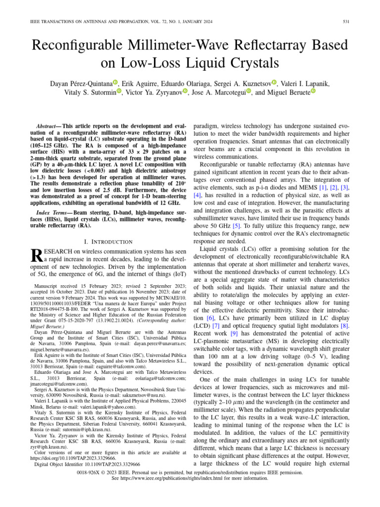 Reconfigurable Millimeter-Wave Reflectarray Based On Low-Loss Liquid Crystals | PDF | Antenna ...