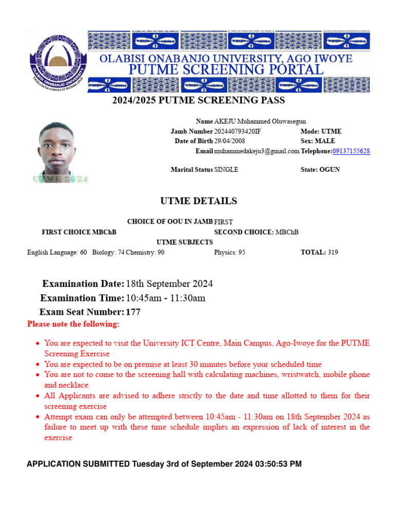 2024/2025 PUTME Screening Pass | PDF