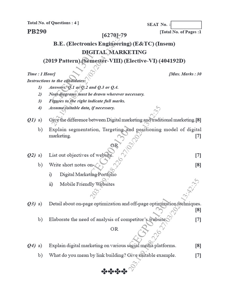 Digital Marketing Be Etc (Insem.) (2019 Pattern) (Semester Viii) (Elective Vi) March 24 | PDF