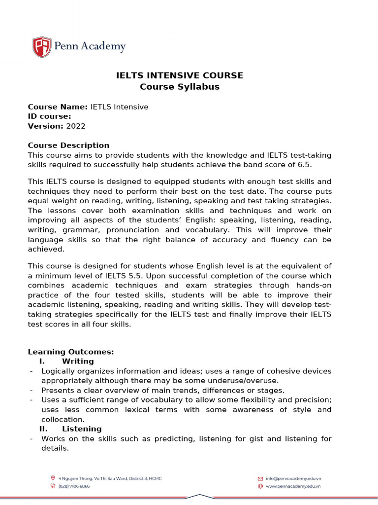(Penn Academy) IELTS Intensive Course - Course Outline | PDF