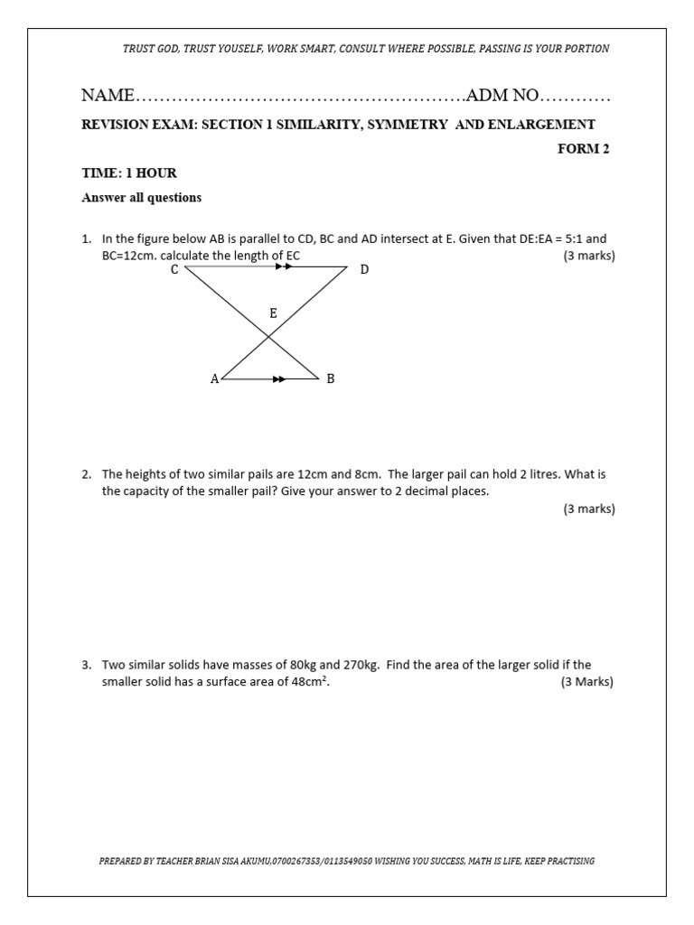 Form 2 Maths Revision: Similarity & Enlargement | PDF | Area | Volume
