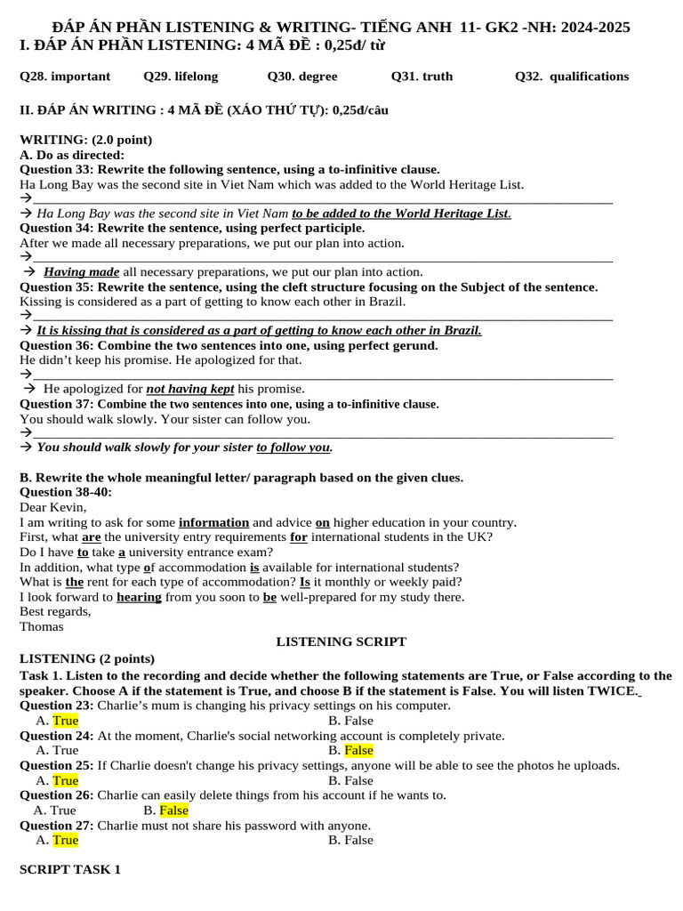 ĐÁP-ÁN-LISTENING-WRITING-11-GK2_REDO | PDF | Internet Privacy