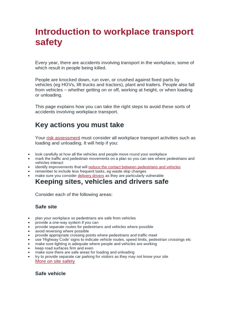 Workplace Transport Safety Guidelines | PDF | Occupational Safety And ...