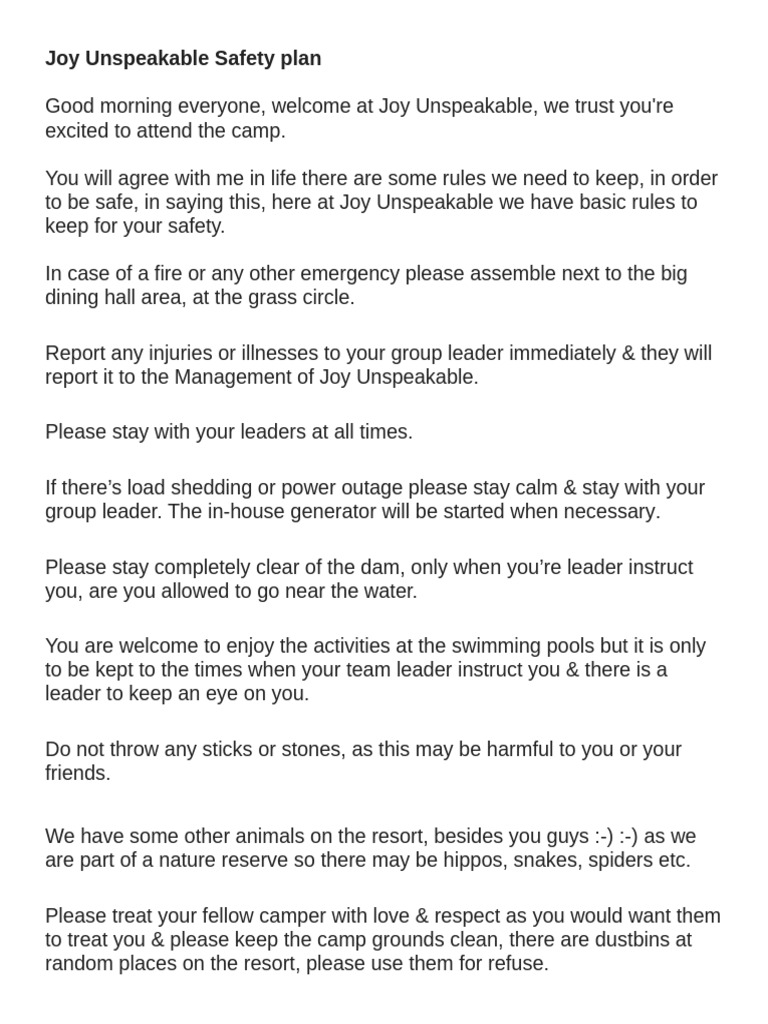 Joy Unspeakable Safety Plan | PDF | Jesus