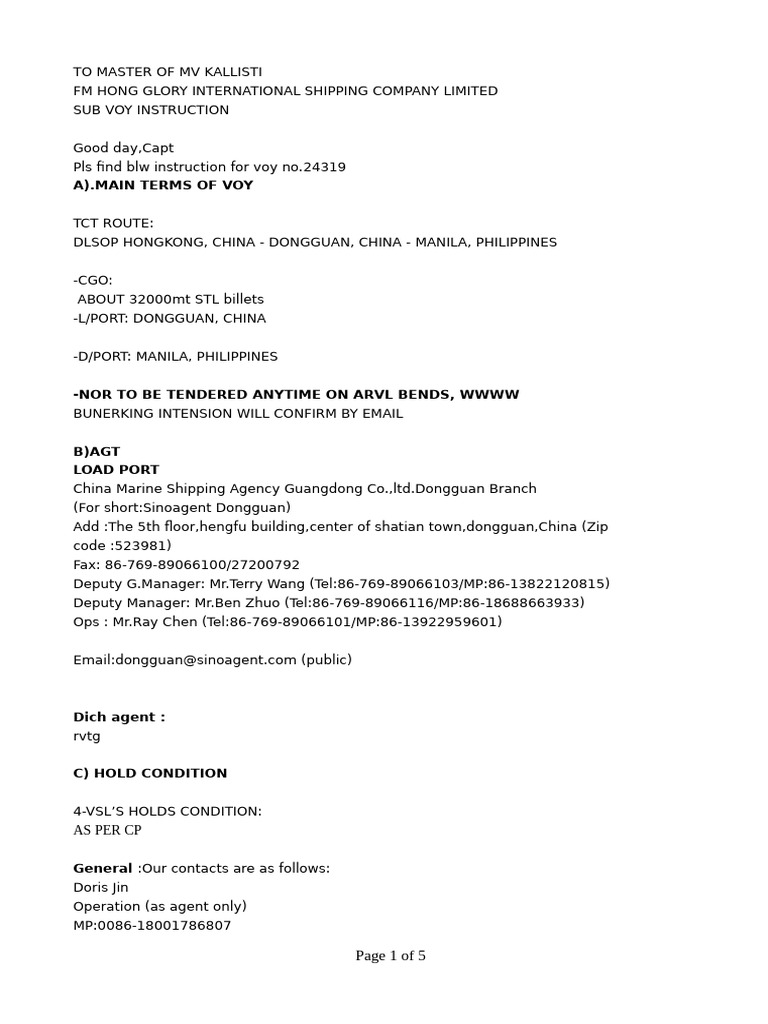 Voyage Instructions for MV Kallisti | PDF | Shipping