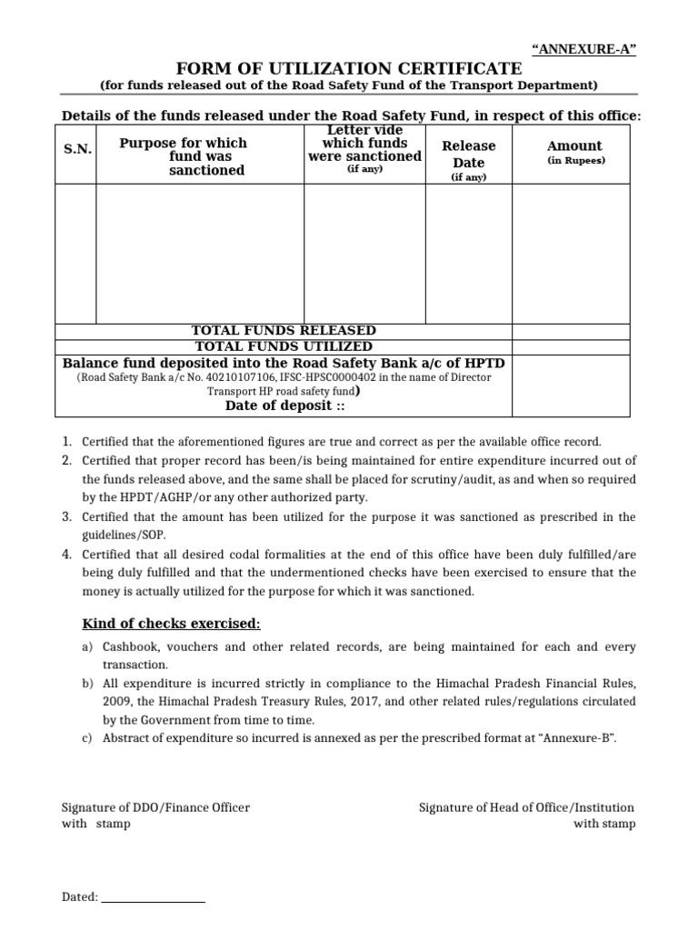 UC Format Road Safety Fund (Annexure A&B) | PDF | Business