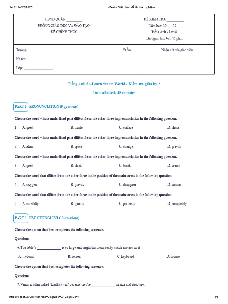 Đề thi tiếng anh 8 I learn smart world MIDTERM HK2 ĐỀ 1 | PDF | Robot | Robotics