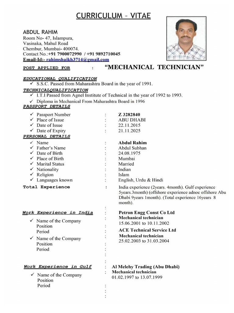 Abdul Rahim Mech Tec CV 2024 | PDF