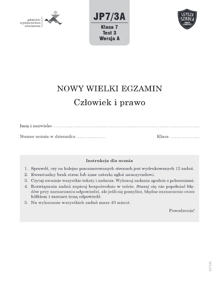 JP7 - 3A JP7 - 3A. Klasa 7 Test 3 Wersja A NOWY WIELKI EGZAMIN ...