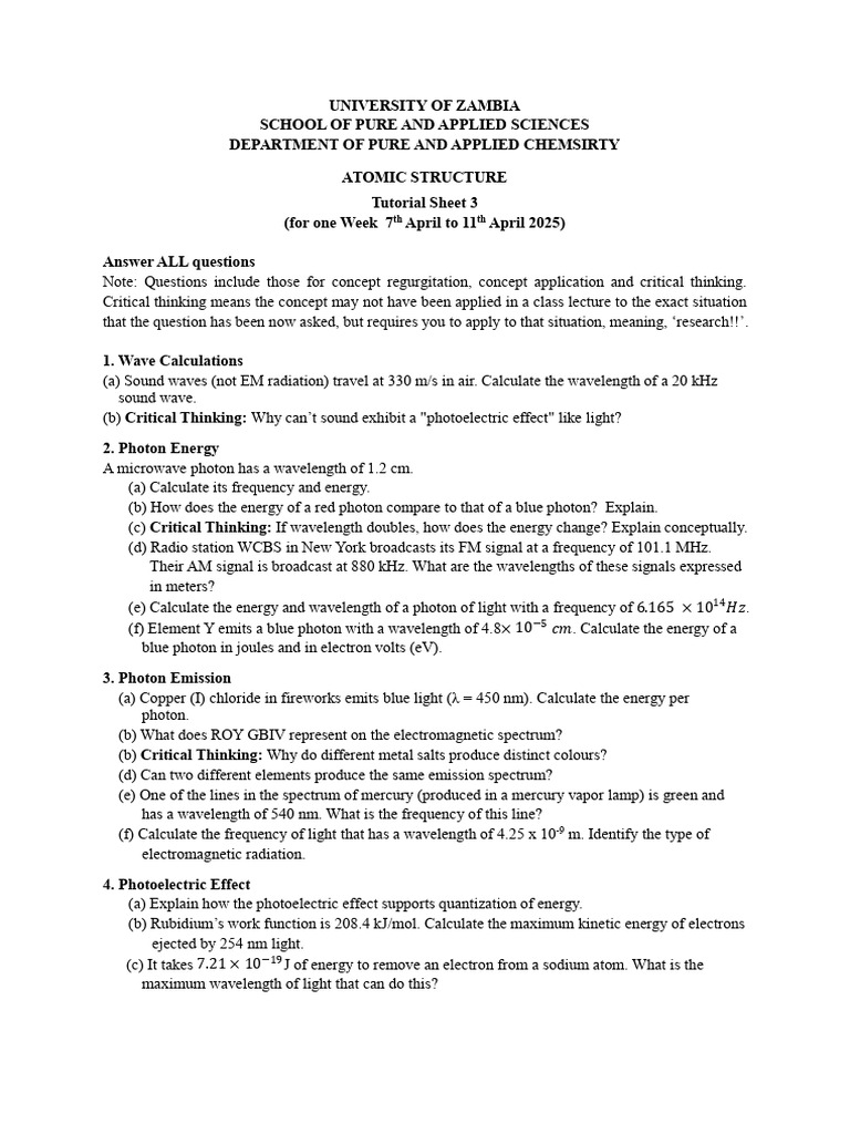 CHE1010 Atomic Structure Tutorial Sheet 3 | PDF | Light | Electron