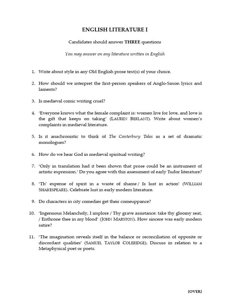 English Literature Exam Questions 2023 | PDF | English Literature
