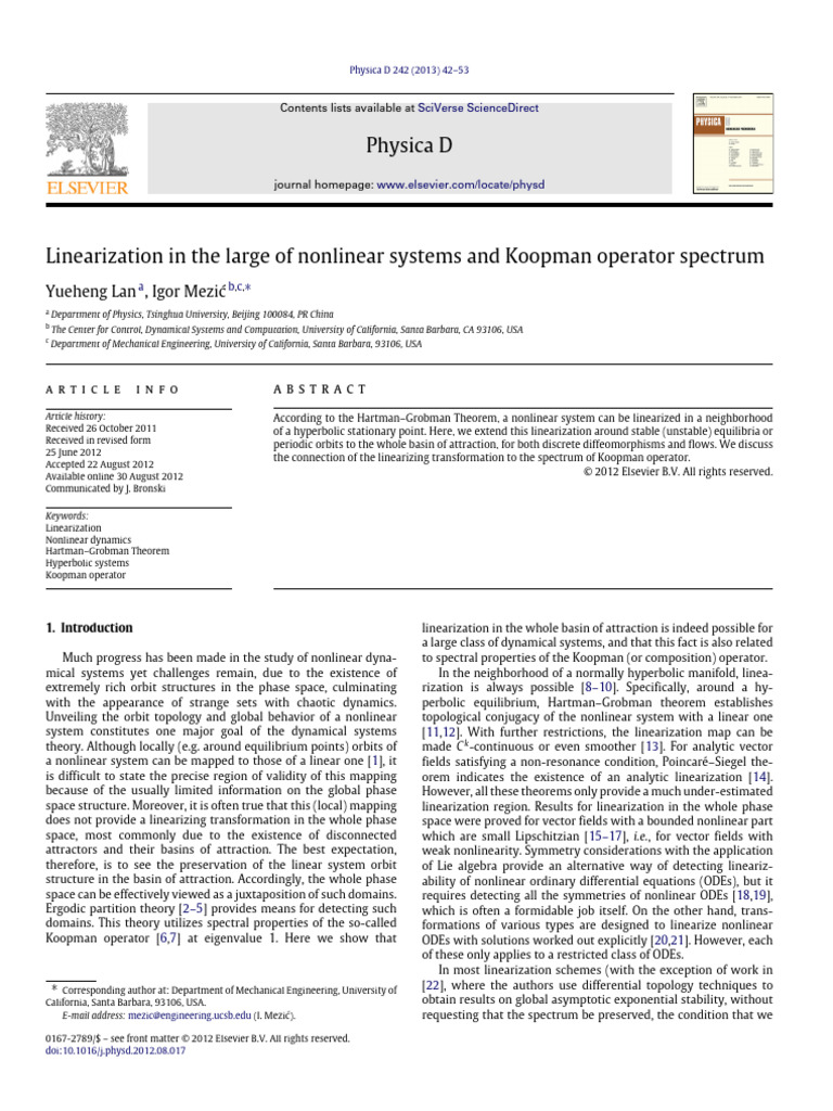 Linearization in the large of nonlinear systems and Koopman operator spectrum | PDF ...