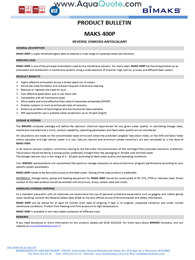 Fiche Technique MAKS 400P | PDF | Membrane | Water