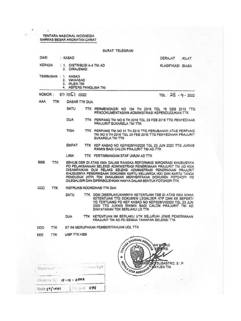 surat telegram tentang tidak perlu legalisir daftar TNI | PDF