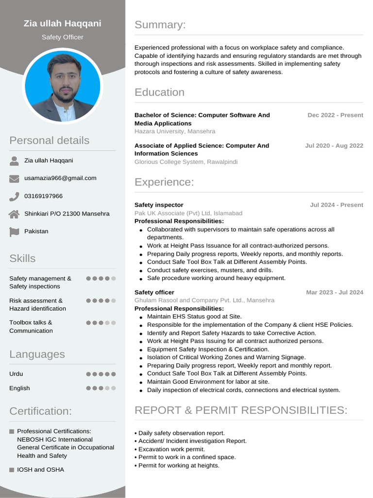 Ziaullah Haqqani Resume 5 PDF | PDF | Occupational Safety And Health | Safety