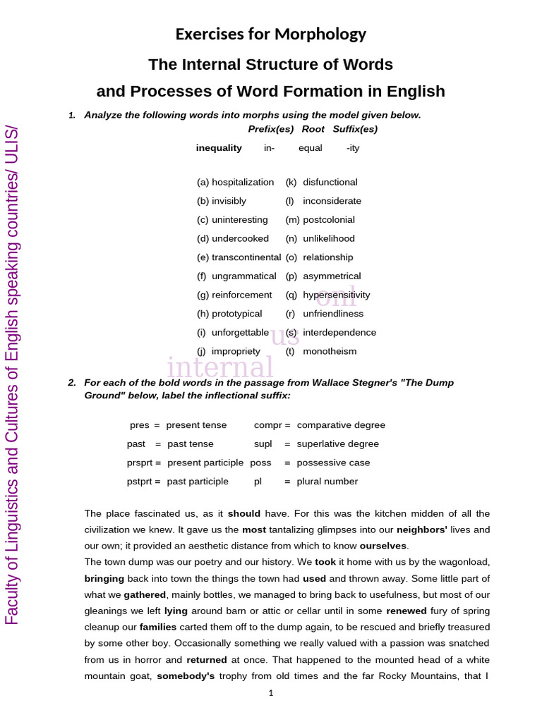 Exercises For Morphology | PDF | Morphology (Linguistics) | Syntax