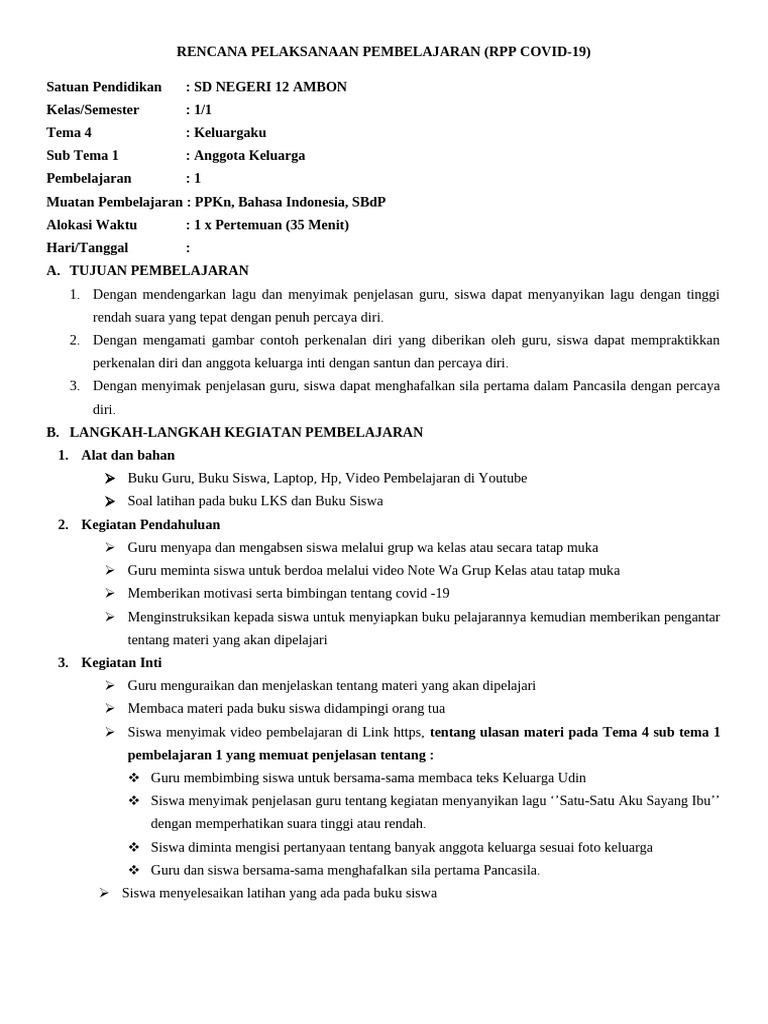 RPP DARING KELAS 1 TEMA 4 SUBTEMA 1 PEMBELAJARAN 1 | PDF