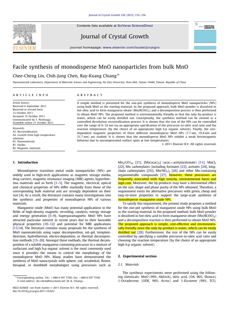 Synthesis of Monodisperse MnO Nanoparticles | PDF | Manganese ...