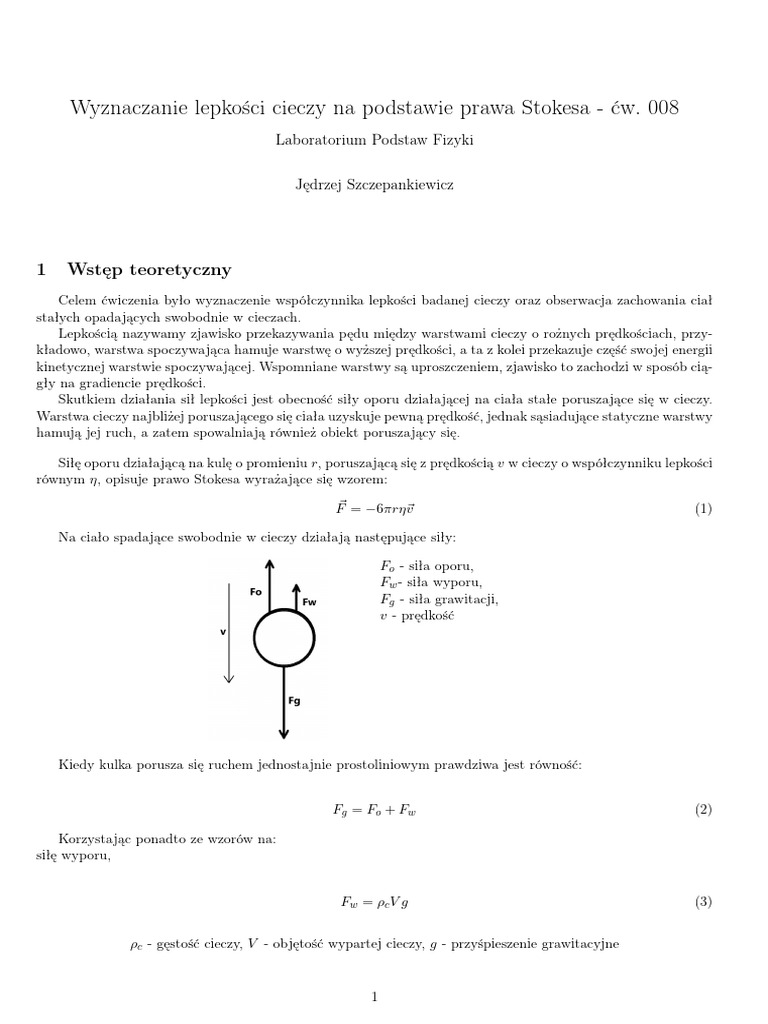 Wyznaczanie Lepkości Cieczy Na Podstawie Prawa Stokesa ĆW 008 | PDF