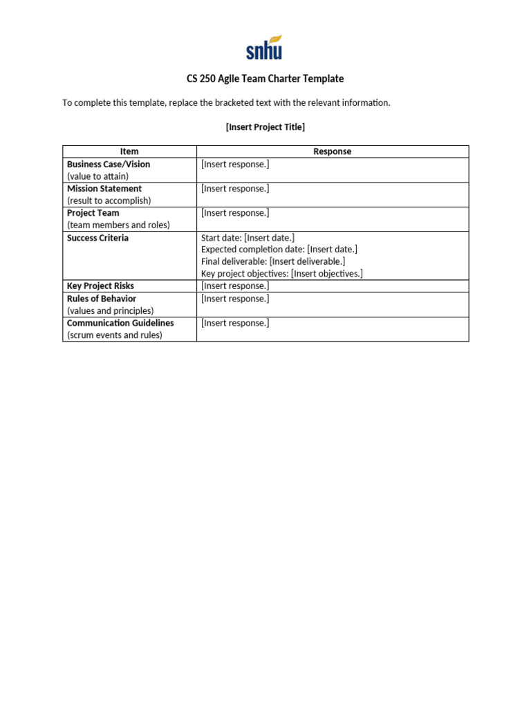 CS 250 Agile Team Charter Template | PDF