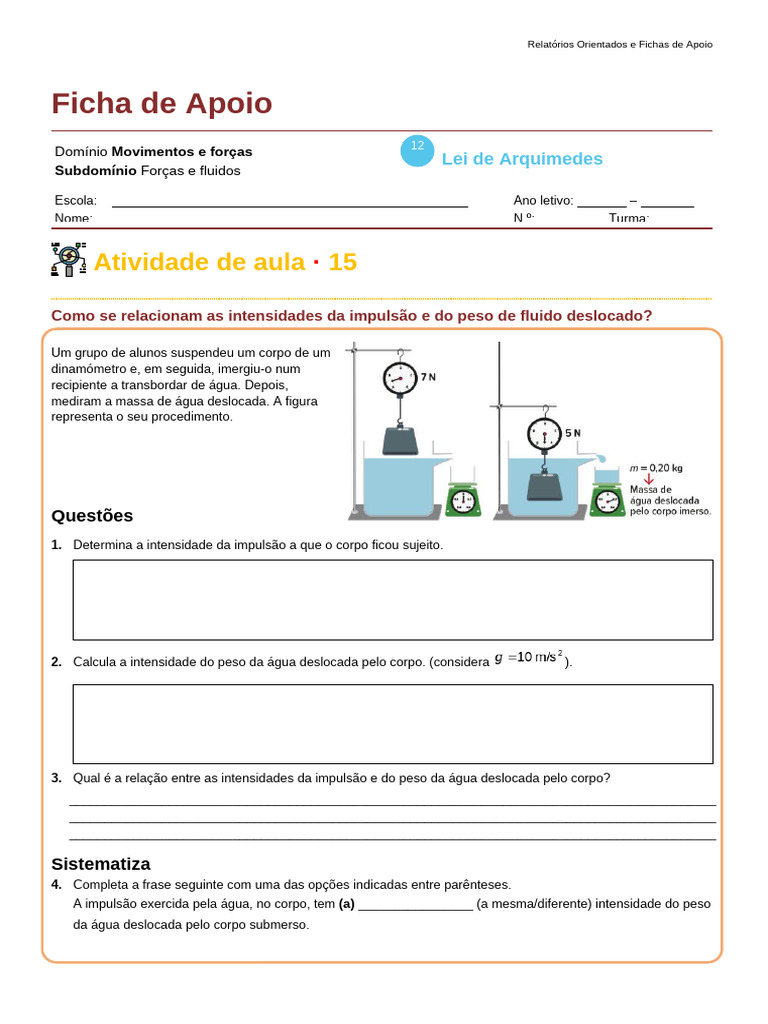Ficha de Apoio - Atividade de Aula 15 Como Se Relacionam As Intensidades Da Impulsão e Do Peso ...